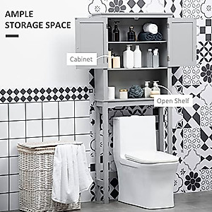 kleankin Modern Over The Toilet Storage Cabinet, Double Door Bathroom Organizer with Inner Adjustable Shelf and Open Shelf, Grey