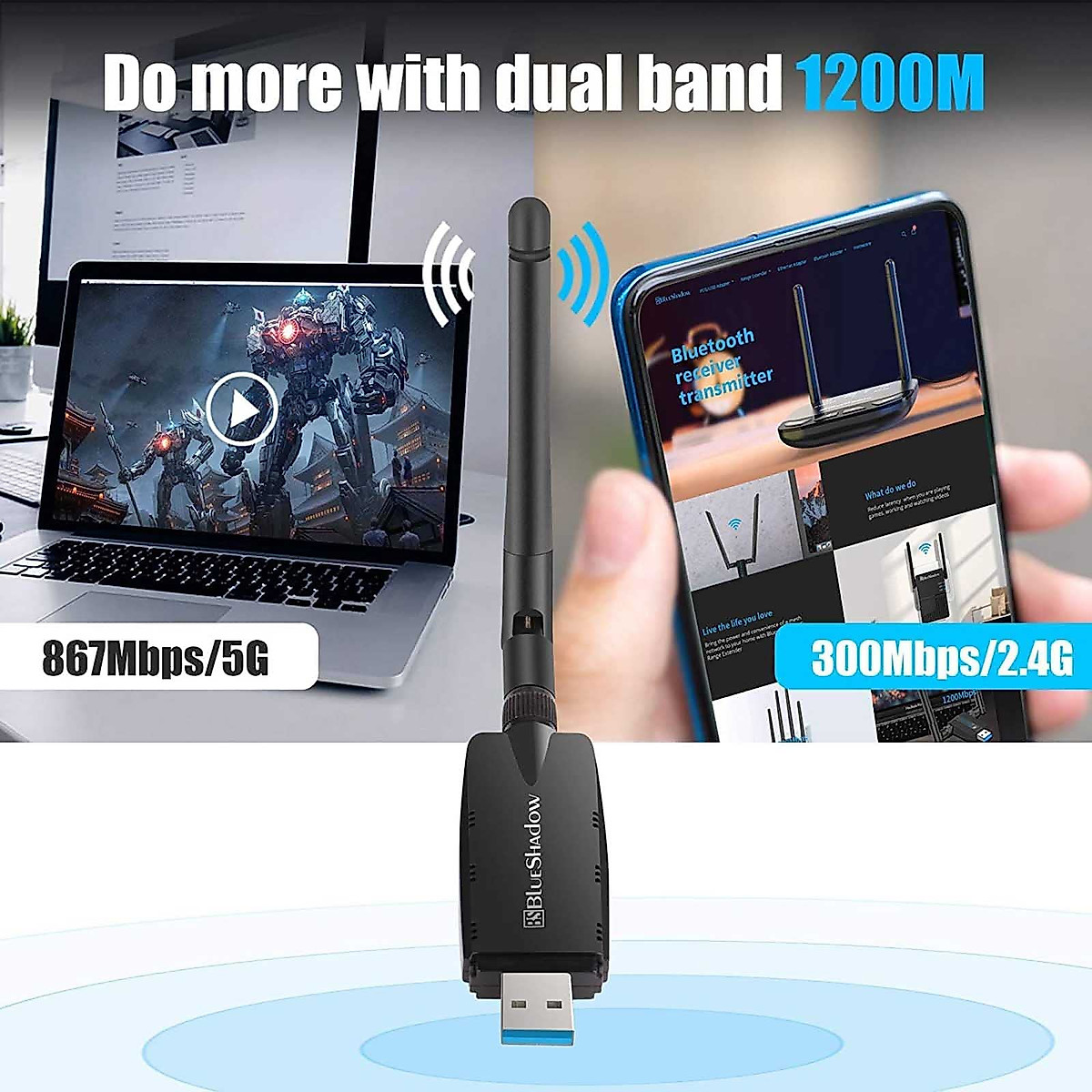 Blueshadow 2-in-1 USB WiFi Bluetooth Adapter AC1200 Dual Band 2.4G/5G Wireless Network Adapter 5dBi High Gain WiFi Antenna WiFi Adapter for Gaming Pc/Laptop/Desktop Supports Windows 10/8.1/8/7/XP