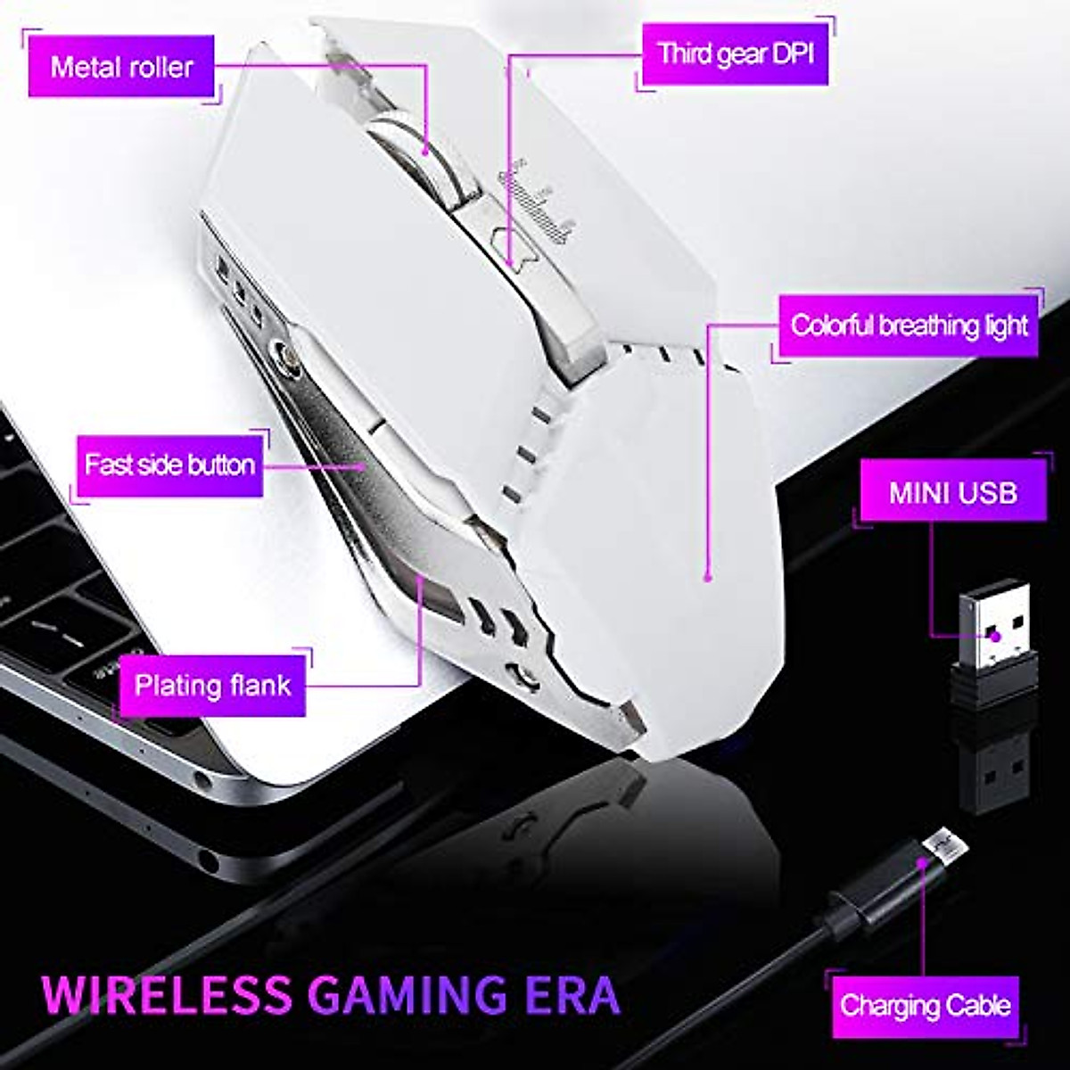 Kafuty-1 Wireless Gaming Mouse,Rechargeable USB Optical Mouse with 6 Buttons,7-Color LED Ergonomic Computer Gaming Mice,Adjustable DPI for Game Players(#3)