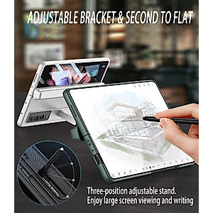 COCOING for Samsung Galaxy Z Fold 3 Case with Pen Holder,Hinged Cover Built-in with Pen Slot,with Screen Protector&Adjustable Bracket,Leather Cover Case for Galaxy Z Fold 3 (Silver)