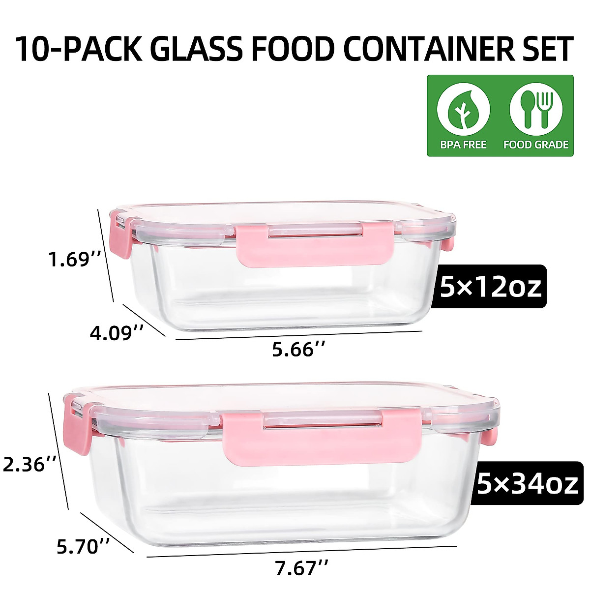 UMEIED 10 PACK Glass Food Storage Containers with Lids, Glass Airtight Meal Prep Container Set for Lunch, On the Go, Leftover, Kitchen Pantry Organizers and Storage, BPA Free & Leak Proof (Pink)