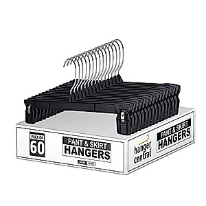 Hanger Central Heavy Duty Pant Hangers with Pinch Clips - 60 Pack, 360-Degree Rotating Chrome Swivel Hook, Space Saving, Durable, 10 Inches Long, Black