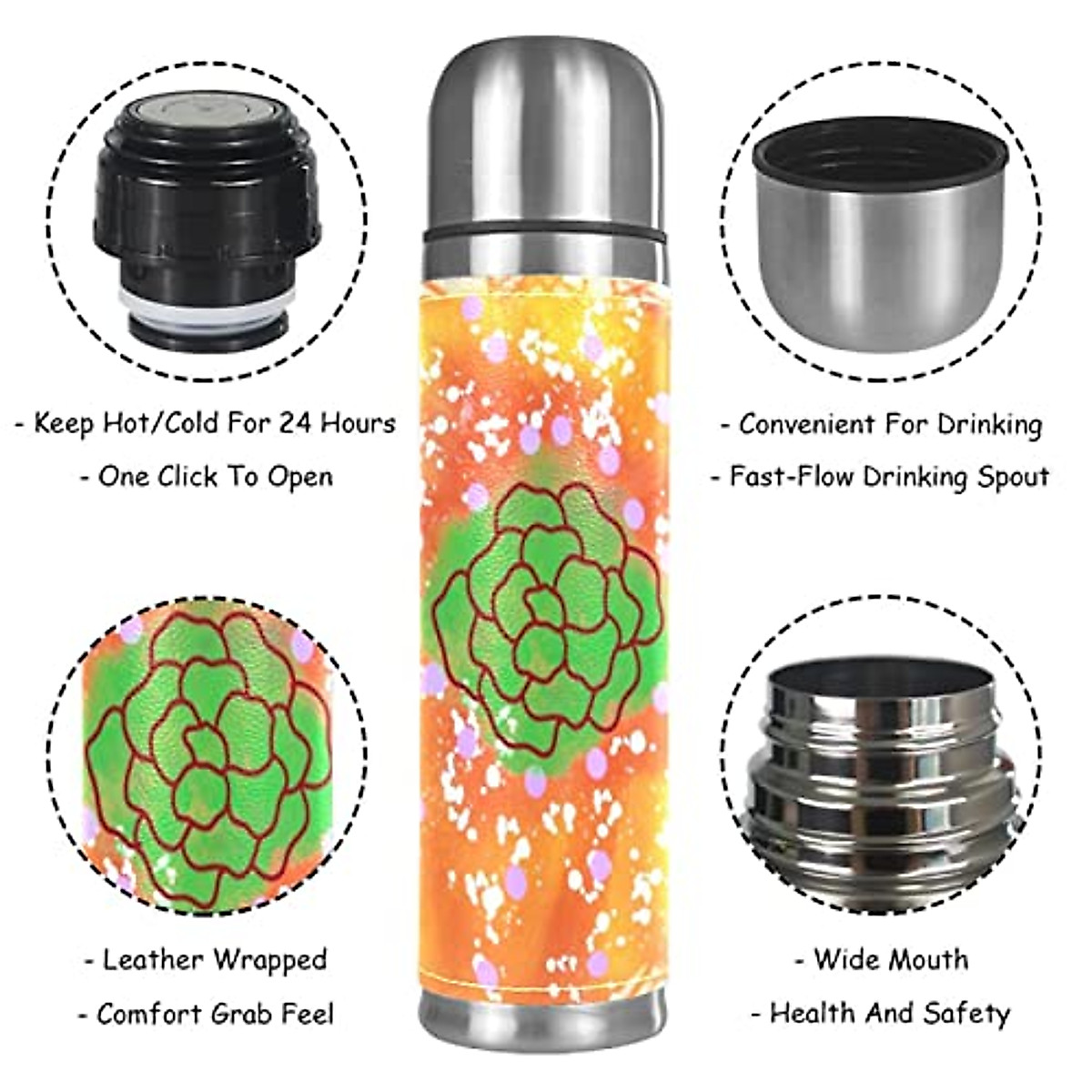 Stainless Steel Leather Vacuum Insulated Mug Abstract Thermos Water Bottle for Hot and Cold Drinks Kids Adults 16 Oz