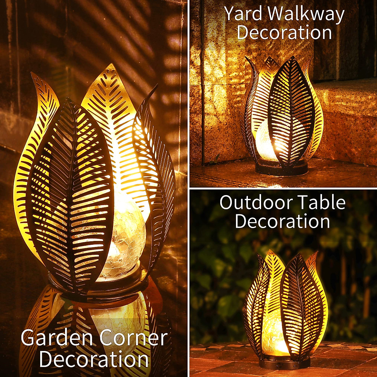 QZGE Solar Garden Lights Waterproof Decorations,Crackle Globe Glass,Metal Palm Leaf Solar Lights for Outdoor Decor On Garden,Patio,Yard,Front Porch,Tabletop Lamp-Perfect Gifts
