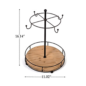 Synovana Farmhouse Coffee Mug Holder with Wood Tray, Rustic Coffee Cup Holder Tree, Coffee Mug Rack Organizer with 4 Hooks for Kitchen Countertop Coffee Bar - 16.14" x 11.02"