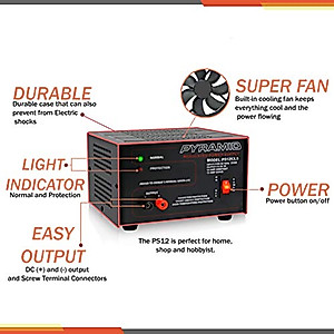 Pyramid Universal Compact Bench Power Supply - 10 Amp Linear Regulated Home Lab Benchtop AC-to-DC 12V Converter w/ 13.8 Volt DC 115V AC 250 Watt Input, Screw Type Terminals, Cooling Fan, LED
