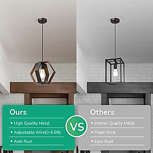 EDISHINE Pendant Lights for Kitchen Island, Farmhouse Hanging Light Fixture with Wood Grain and Black Finish, Adjustable Height Pendant Light for Kitchen Table, Hallway, Entry, cULus Listed