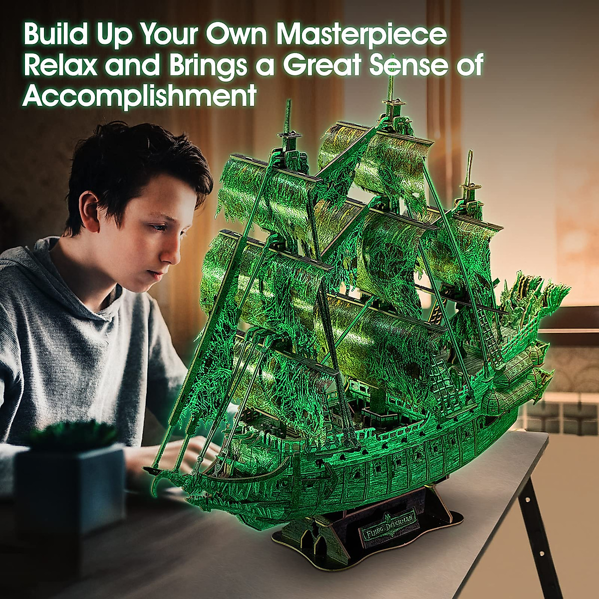 CubicFun 3D Jigsaw Puzzles Dutch Ship Model Flying Luminous Haunted Pirate Ship DIY for Adults and Kids, Building Kits Office Decoration for Women and Men, 360 Pieces