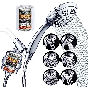 G-Promise Luxury Filtered Handheld Shower Head, 6 Spray Settings Shower Set with Effective Filter of 2 Cartridges, Adjustable Metal Bracket, Extra Long Stretchable Hose, Chrome (Chrome with Filter)