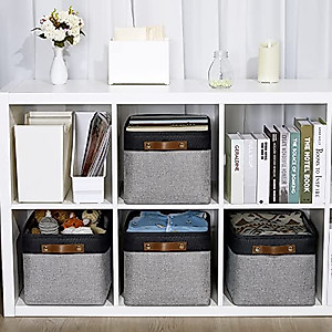 DULLEMELO Canvas Storage Bin with Handles, Fabric Bins for Shelves, Bedroom, Office,Nursery,Fabric Storage Baskets for Toys, Clothes,Gift(Black&Grey,15"x11"x9.5",4-Pack)