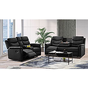 BSHTI 2pcs Black Faux Leather Motion Recliner Sofa Couch for Living Room (2-Seater+3-Seater)