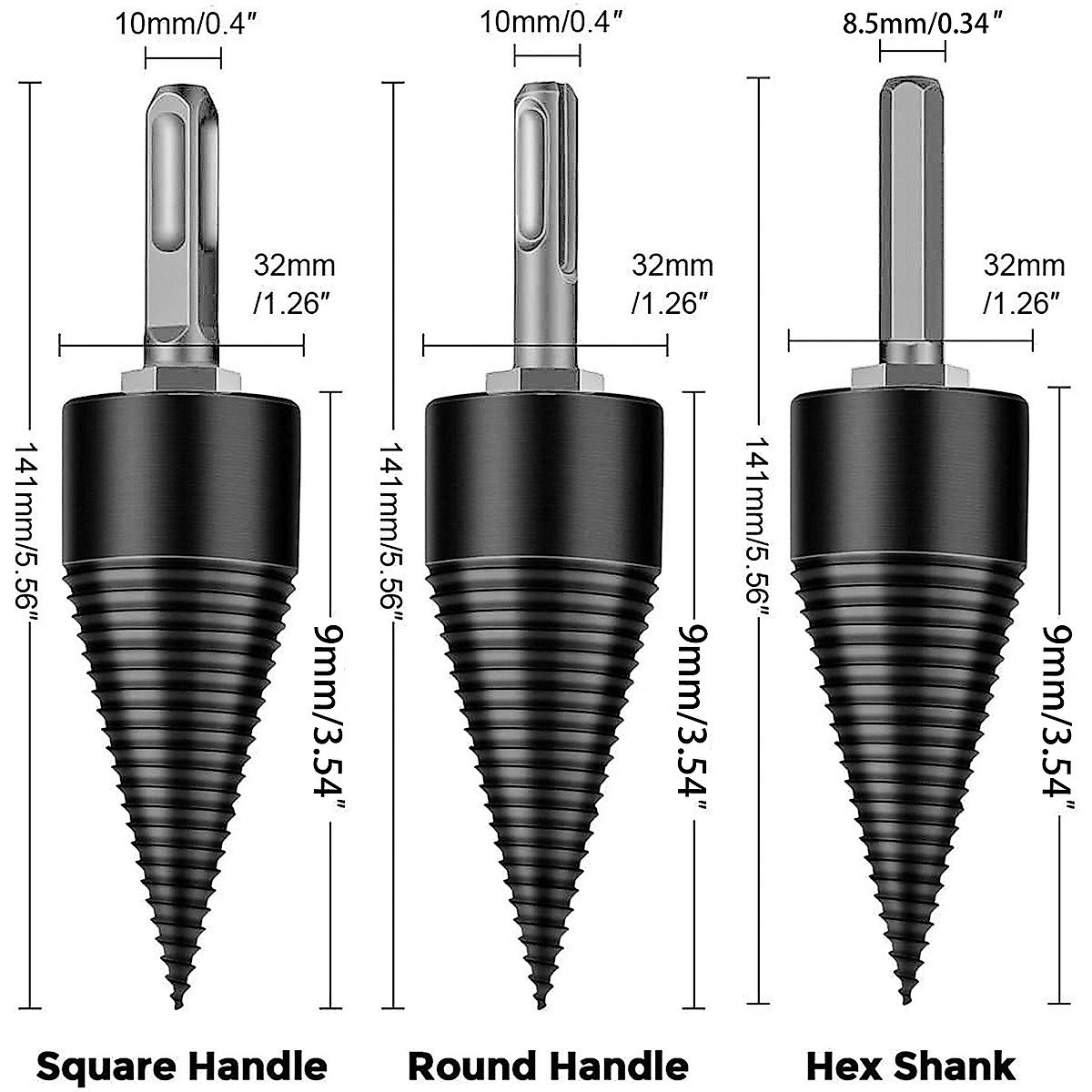 KEWAYO 4pcs Removable Splitting Wood Cone Drill Bit, Wood Splitter Drill Set for Heavy Duty Drill Split Wood Tool and Hand Drill Stick-hex+Square+Round