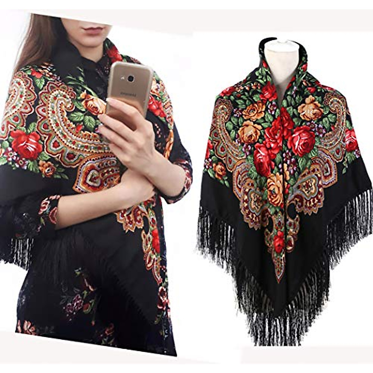 Gudessly Women's Traditional Scarf Wrap Tassel Shawl Fringes Neck Head Shawl Retro Scarf Floral Poncho Printing Shawl