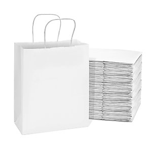 Prime Line Packaging 8x4x10 100 Pack Small White Kraft Paper Shopping Bags with Handles, Business, Boutiques, Retail, Birthdays, Party Favors, Bulk