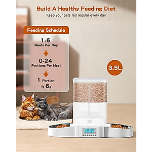 HoneyGuaridan Automatic Cat Feeder for Two Cats,3.5L Cat Food Dispenser with Stainless Steel Bowl,Timed Cat Feeder Programmable 1-6 Meals Control, Dual Power Supply,Desiccant Bag,10s Meal Call Whit