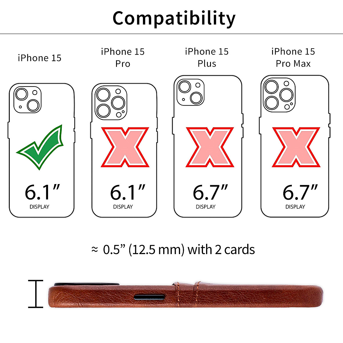 Dockem Card Case for iPhone 15 with Built-in Metal Plate for Magnetic Mounting & 2 Card Holder Pockets: Exec M2 Premium Synthetic Leather Wallet Case (iPhone 15, Brown)