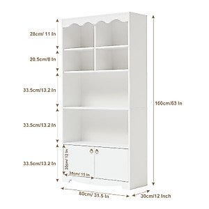 GarveeHome Bookshelf, 5 Tier Open Bookcase and Bookshelf, Modern Bookcase with Doors, Wood Bookcase Storage Organizer Shelf, 63 in Tall Display Storage Shelves for Bedroom Living Room Office, White