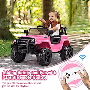 JOYMOR Ride on Truck with Remote Control, 4 Wheels 12V Battery Powered Kids Car, with LED Headlight/Horn Button/ MP3 Player/USB Port/Forward Backward/Kids Girl Boy (Pink)