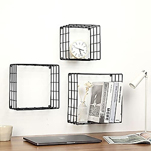 MyGift Modern Matte Black Metal Wire Mesh Wall Mounted Square Shadow Box Style Floating Display Shelves, Set of 3-11 inch, 10 inch, 8 inch