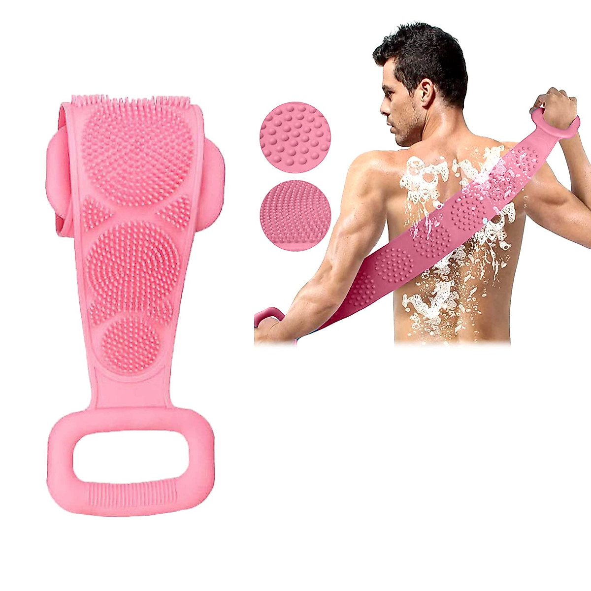Exfoliating Silicone Bath Scrubber for Men and Women, Dual Side Handle Easy to Reach on Full Body, Soft and Smooth for Sensitive Skin (28.3* Length 4.3” Width) (Pink)