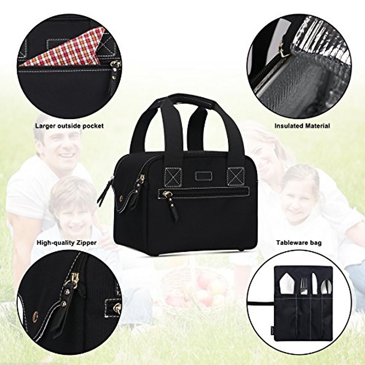 Skycase Lunch Bag for Women, Insulated Lunch Bag with Washable Utensils Pouch, Bento Lunch Tote Bag for Women, Men,Lunch Box Organizer for Office/Travel/Picnic/Camping,Black