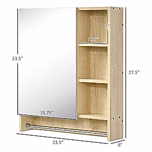 kleankin 23.5" x 27.5" Wall-Mounted Bathroom Medicine Cabinet, Vanity Mirror with 3 Storage Shelves, Inside Adjustable Shelf, and Towel Rack, Natural