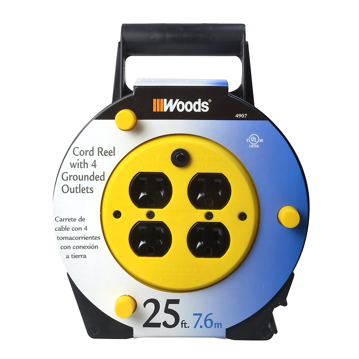Woods 4907 Extension Cord Reel with 4-Outlets 16/3 SJTW and 12A Circuit Breaker; 25-Foot
