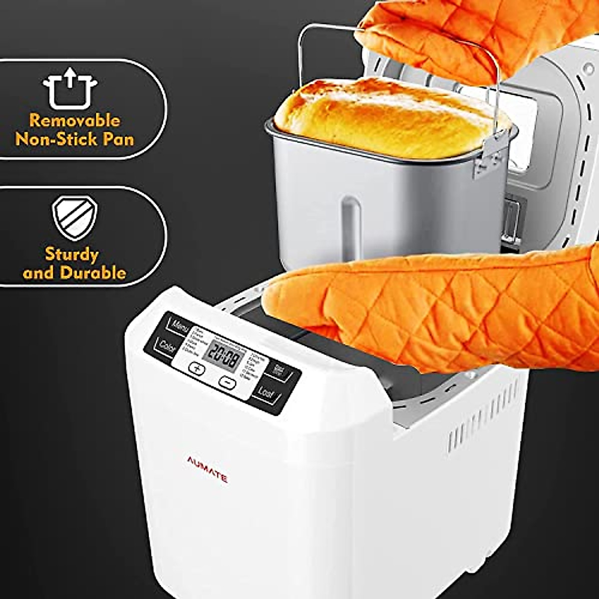 Bread Machine,AUMATE 2LB Bread Maker,with 12 Presets,Gluten-Free Setting,Auto Fruit Nut Dispenser & Nonstick Pan,2 Loaf Sizes,13H Reserve & 1H Keep Warm (Milky White)