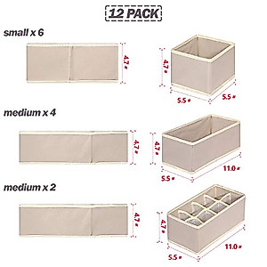 12 Pack Foldable Drawer Organizer Dividers Cloth Storage Box Closet Dresser Organizer Cube Fabric Containers Basket Bins for Underwear Bras Socks Panties Lingeries Nursery Baby Clothes Beige NN246