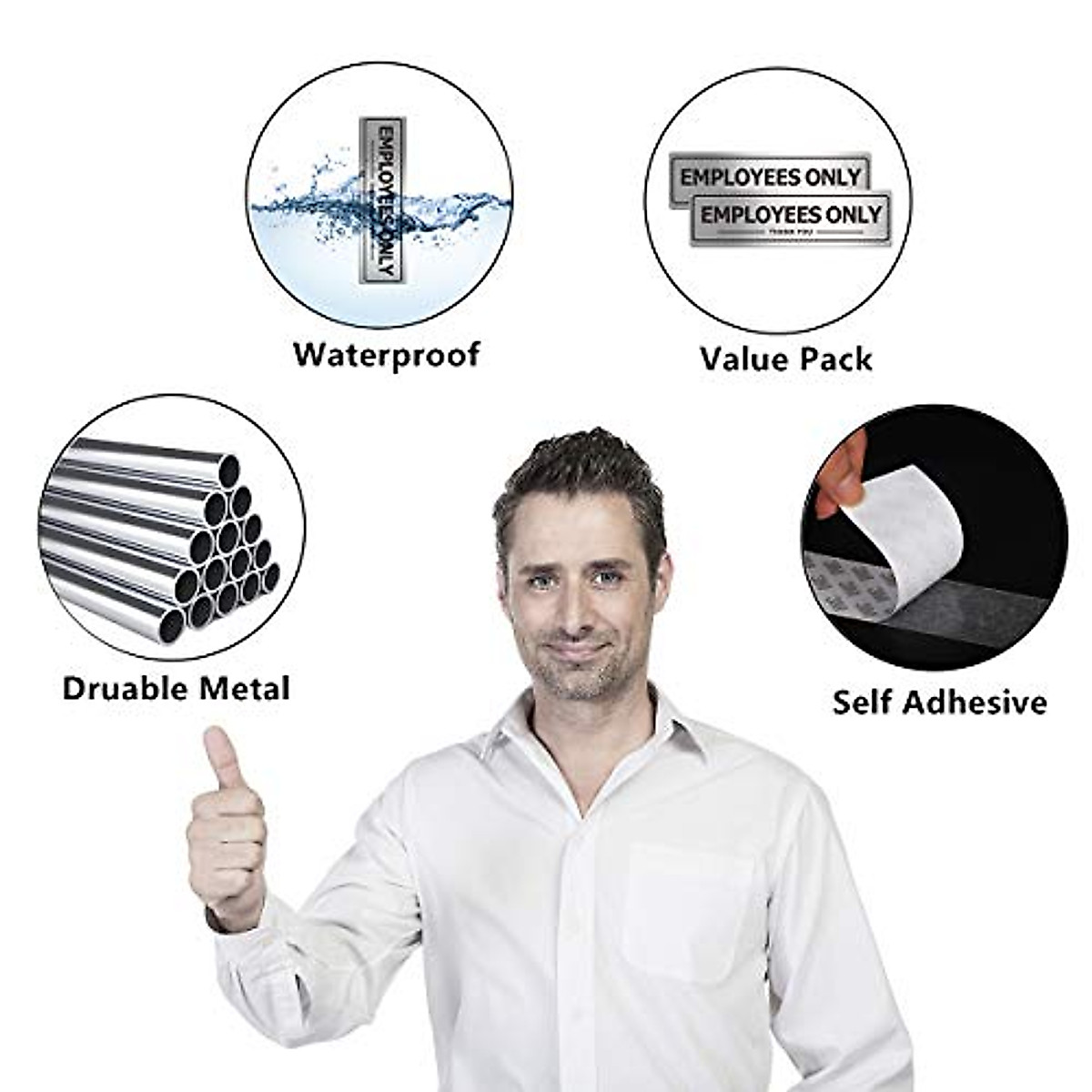 Employees Only Sign - Office Door Signs for Business Store Wall - Aluminum Metal with Strong Self Adhesive (Pack of 2, Silver 7×2 inches)