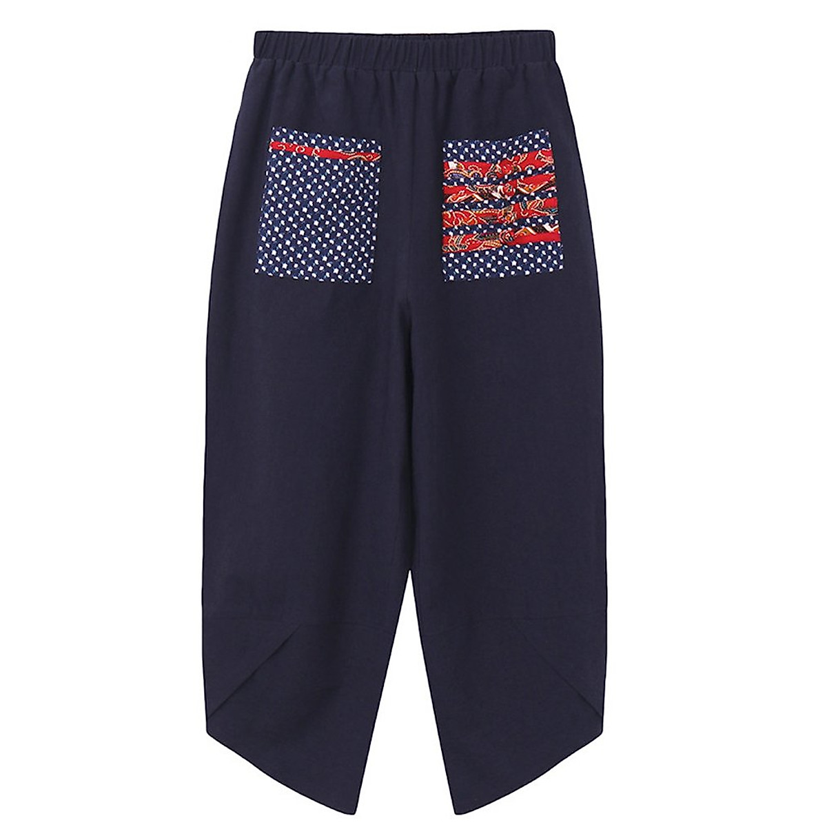 Minibee Women's Baggy Linen Wide Leg Trousers Casual Patchwork Elastic Waist Harem Pants Navy Blue 2XL