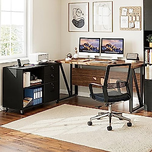 YITAHOME 55" Executive Desk and Lateral File Cabinet, 3 Drawers File Cabinet with Charging Station, L Shaped Desk Computer Desk Home Office Furniture Sets with Drawers & Storage Shelves, Walnut+Black