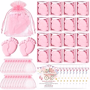 Maxcheck 50 Sets Baby Shower Feet Soaps Bulk Baby Shower Favors for Guests Handmade Scented Soap with Organza Bags Thank You Cards for Girl Boy Baby Shower Gifts Souvenirs Decorations(Pink)