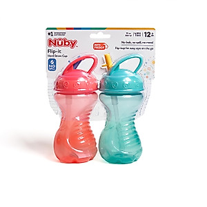 Nuby 2-Pack Flip-It Easy Grip Cups with Easy-Flo Straw, 10 Ounce, Colors May Vary