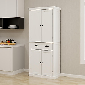 Locsear 71.65" Kitchen Pantry Cabinet, Traditional Freestanding Tall Storage Cabinet Cupboard with 4 Doors, 1 Drawer, and 4 Shelves, White
