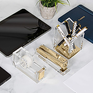 Punch & Stick | Stationery & Desk Accessories | Pen Holder, Stapler & Tape Dispenser | Gold & Clear Acrylic Lucite | Office Desk Accessories | Office Gift Set