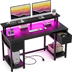 GreenForest Computer Desk 50 Inch with Monitor Stand and LED Lights, Gaming Desk with 2 Fabric Drawers and Power Outlets, Office Desk with Shelves, Black