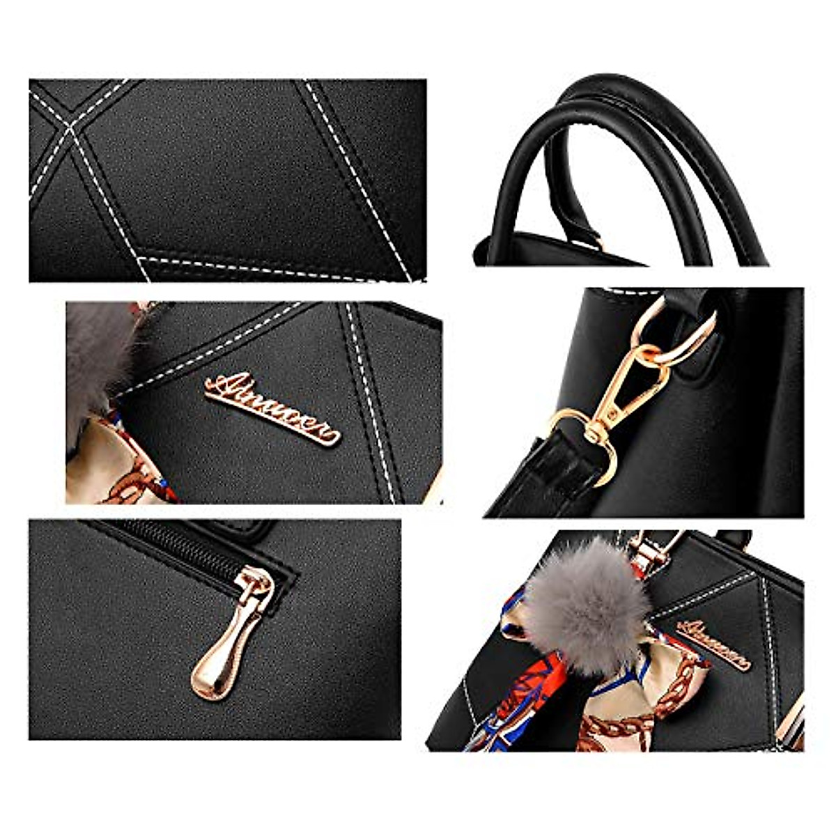 SMALLBLUER Top-handle Handbags Purse Soft PU Leather Crossbody Shoulder Bag Satchel with Bowknot Plush Ball Pendant-Beige