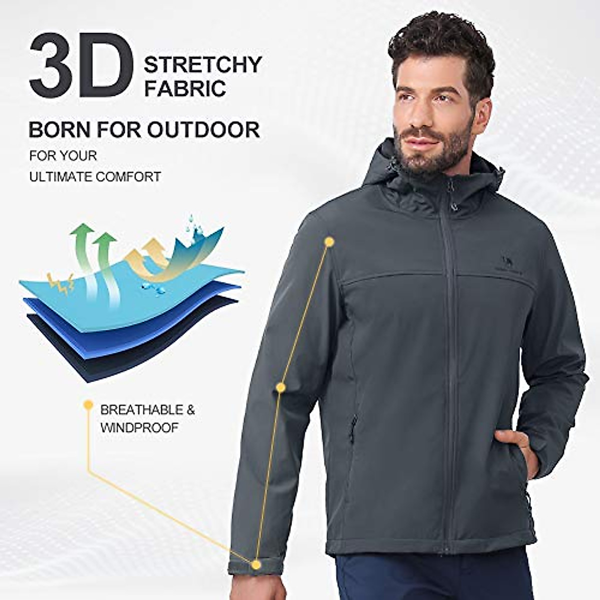 CAMEL CROWN Softshell Jacket Men Hooded Fleece Lined Outdoor Jackets Windproof Water Resistant for Hiking Casual Work Grey M