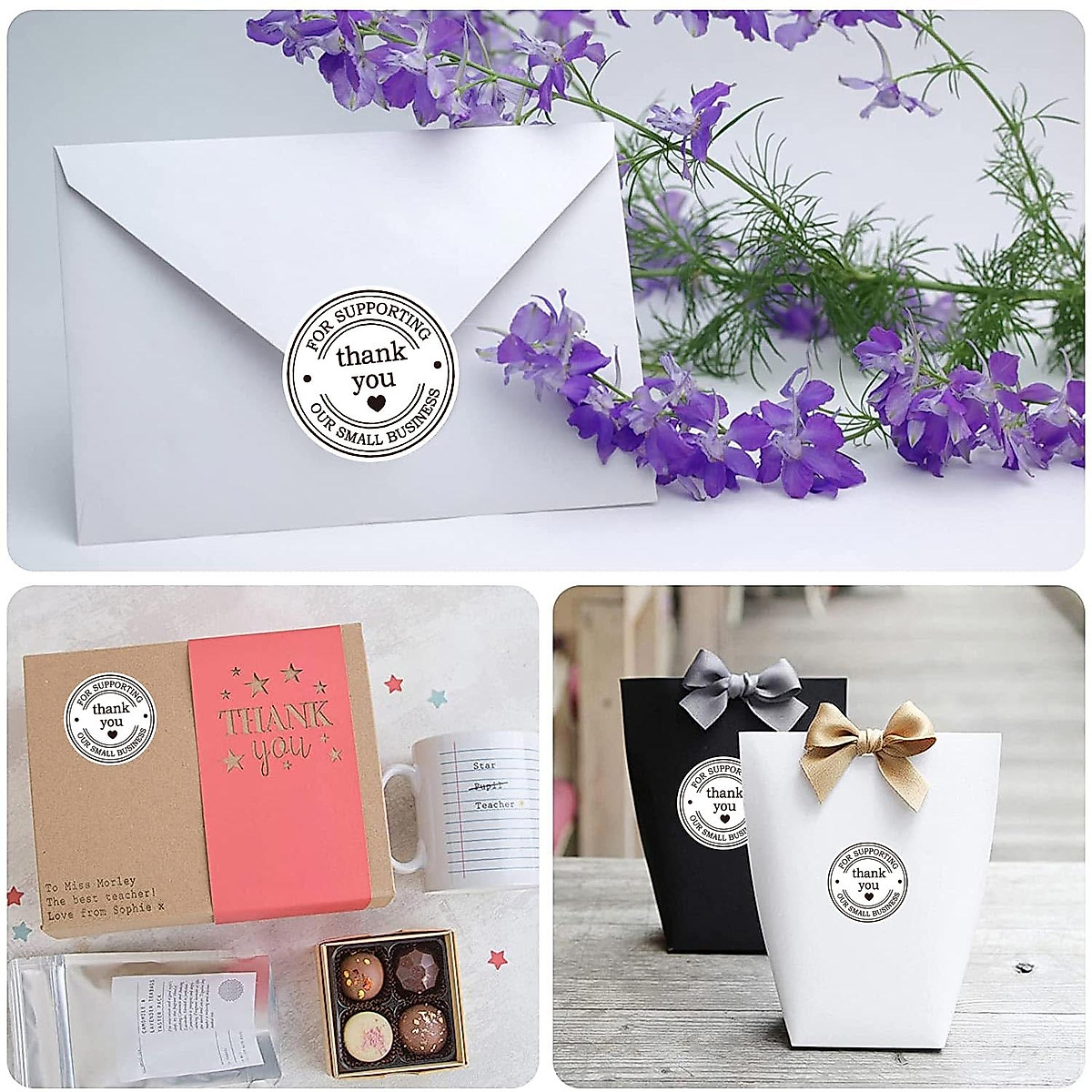 2" Round Classic Retro Stickers Thank You for Supporting Our Small Business Sticker Labels with Hearts - Printed White Thank You Stickers 500 Thank You Labels Per Roll (White, 2 inch)