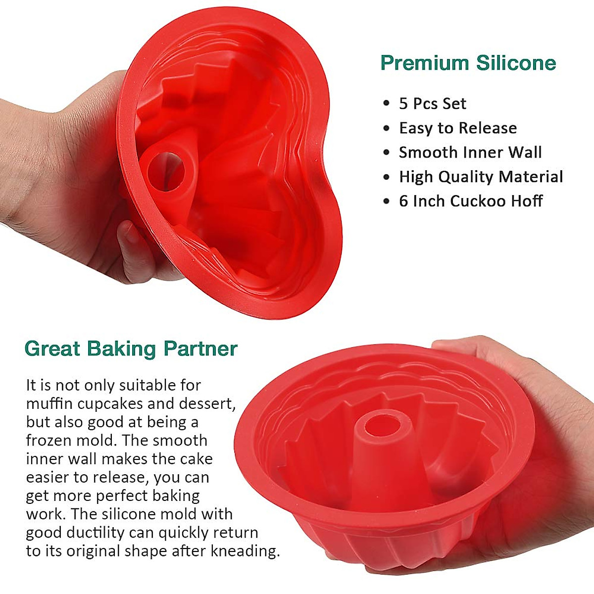 Wisehold Silicone Fluted Cake Pan (5pc), 6 inch Diameter, Nonstick Round Cake Mold, Reusable Silicone Baking Mold Suitable for Making Jello, Cake, Gelatin and Mousse bread