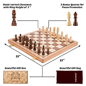 AMEROUS Magnetic Wooden Chess Set, 15 Inches Handmade Wooden Folding Travel Chess Board Game Sets with Chessmen Storage Slots for Kids and Adults, 2 Bonus Extra Queens, Gift Box Packed