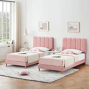GAOMON Pink Twin Bed Frame, Velvet Upholstered Platform Bed Frame with Headboard, Strong Wooden Slats, Noise-Free,No Box Spring Needed, Easy Assembly (Pink)