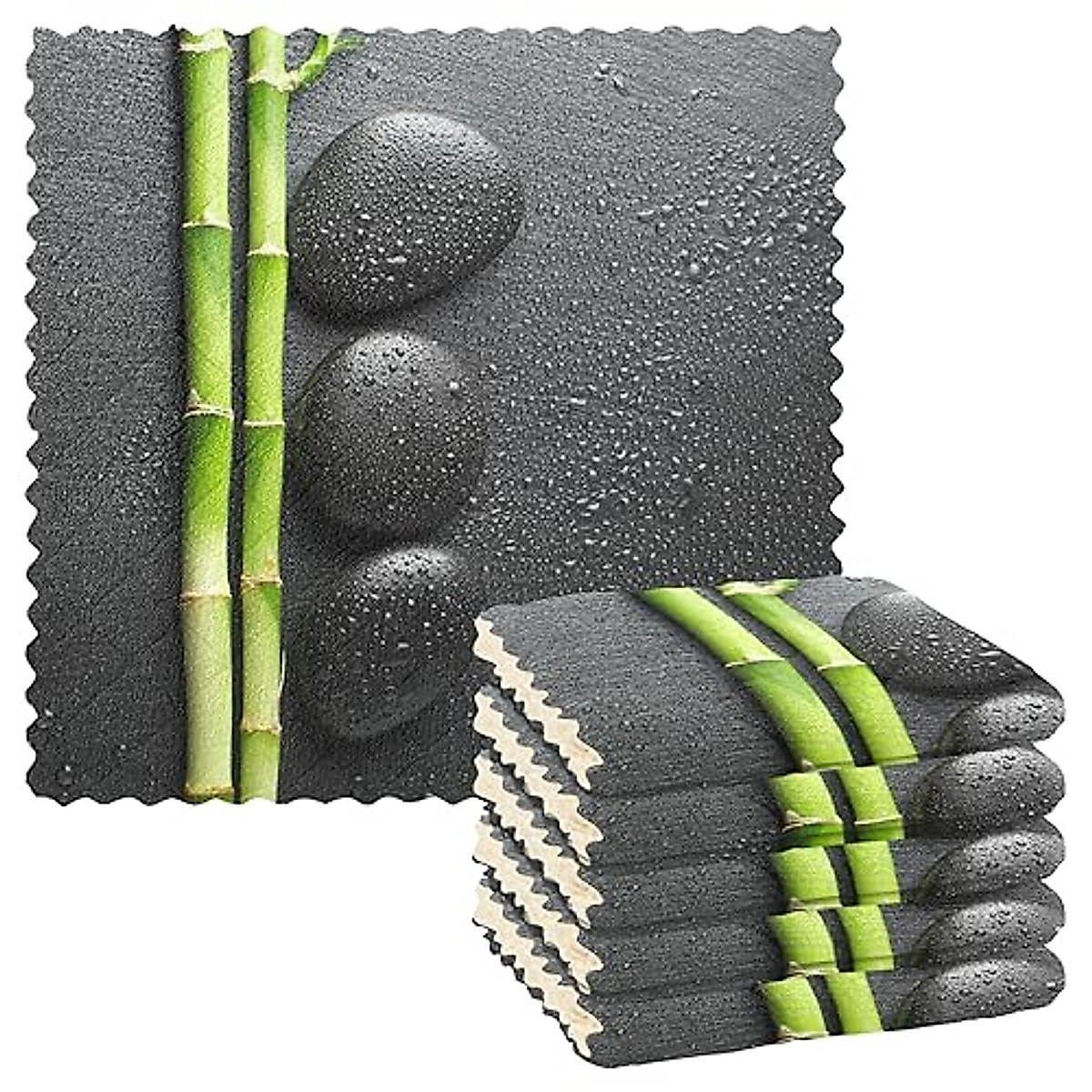 Black Zen Basalt Stones with Dew Green Bamboo on Dark 6 Set Kitchen Dish Towels, Washcloths Cleaning Cloths Dish Cloths, Absorbent Towels Lint Free Bar Tea Soft Waffle Towel 11"x11"