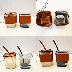 YULUDZSW Glass Cups With Lids And Straws, 16oz Coffee Cup, Hick Wall Glass Tumbler With Insulated Leather Sleeve Smoothie Cups,Travel Ready Coffee Tumbler/Couple Style Amber + Smoky Gray