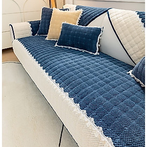 vctops Soft Corduroy Sofa Couch Cover, Plaid Sectional Couch Covers, Non-Slip Sofa Slipcover for Dogs Cats Kids(Navy,36"x47")