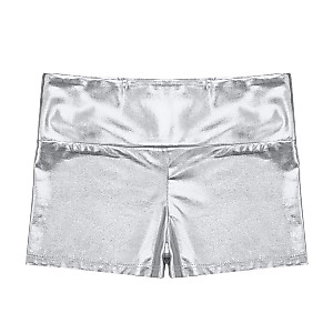 MSemis Kids Girls Stretch Metallic Booty Shorts for Gymnastics Dance Sports Bottoms Swimming Hot Pants High Waisted Silver 10