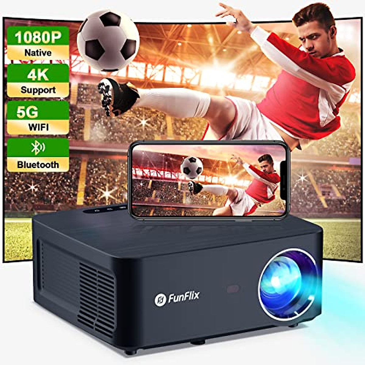 1080P Full HD Projector, 15000 Lumens Portable Movie Projector, FunFlix 300" WiFi Projector Bluetooth Projector, Home Theater Video Projector Compatible with HDMI, VGA, USB, AV, Laptop, Smartphone