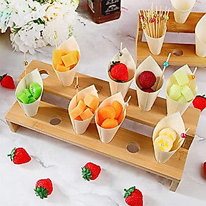 150 Disposable Wooden Cones with 2 Pack 12 Holes Ice Cream Cone Display Stand Charcuterie Cones Holder Stand 150 Fancy Toothpicks for Appetizers Wedding Decoration（Brown）