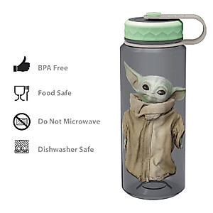Zak Designs Star Wars The Mandalorian Durable Plastic Water Bottle - Rugged Sports Bottle with Carry Strap and Wide Chug Opening Includes Reusable Straw (36 oz, Grogu/Baby Yoda/The Child)